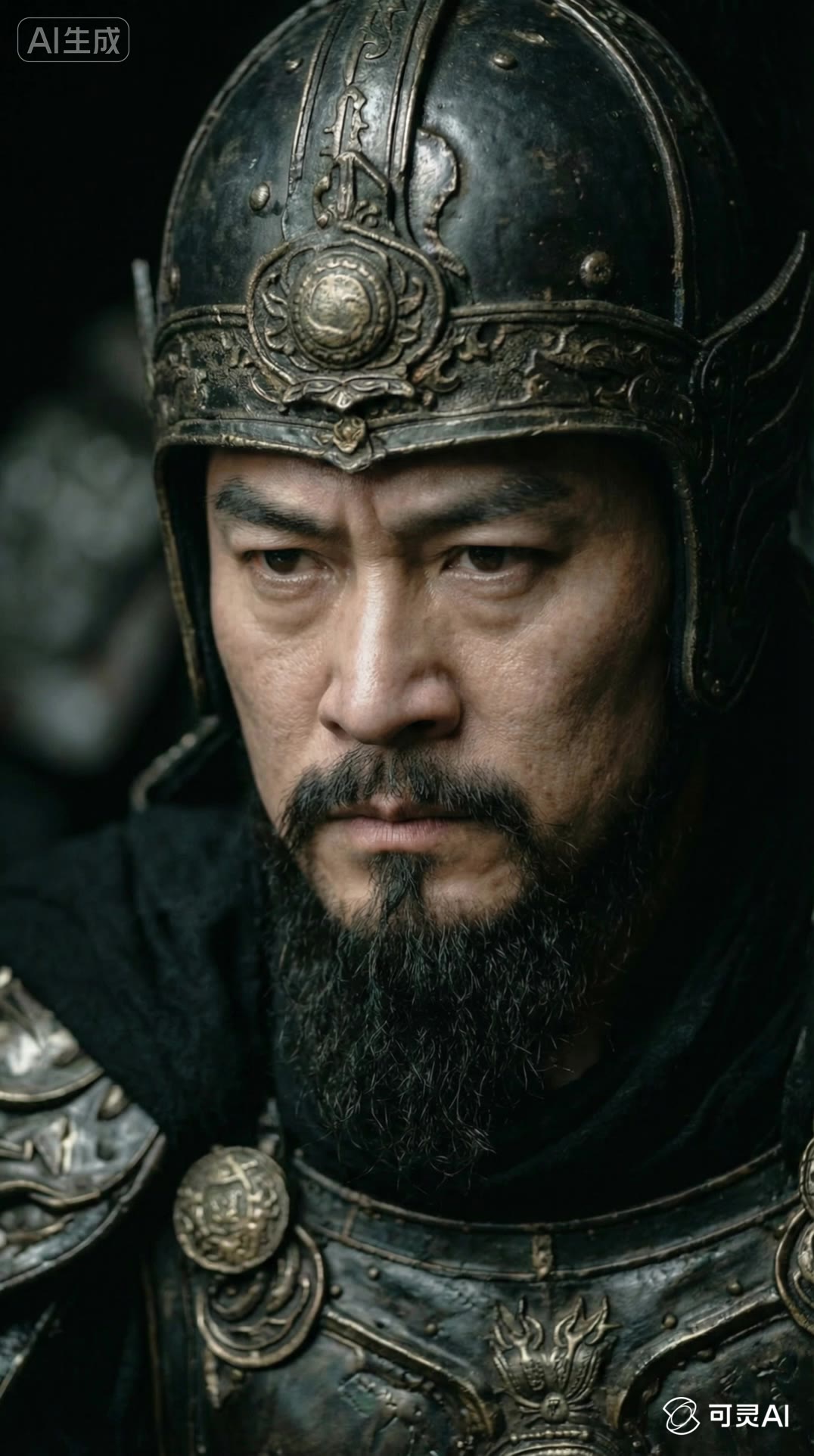 眼神深邃的武士佩戴古代头盔和盔甲 | AI Video