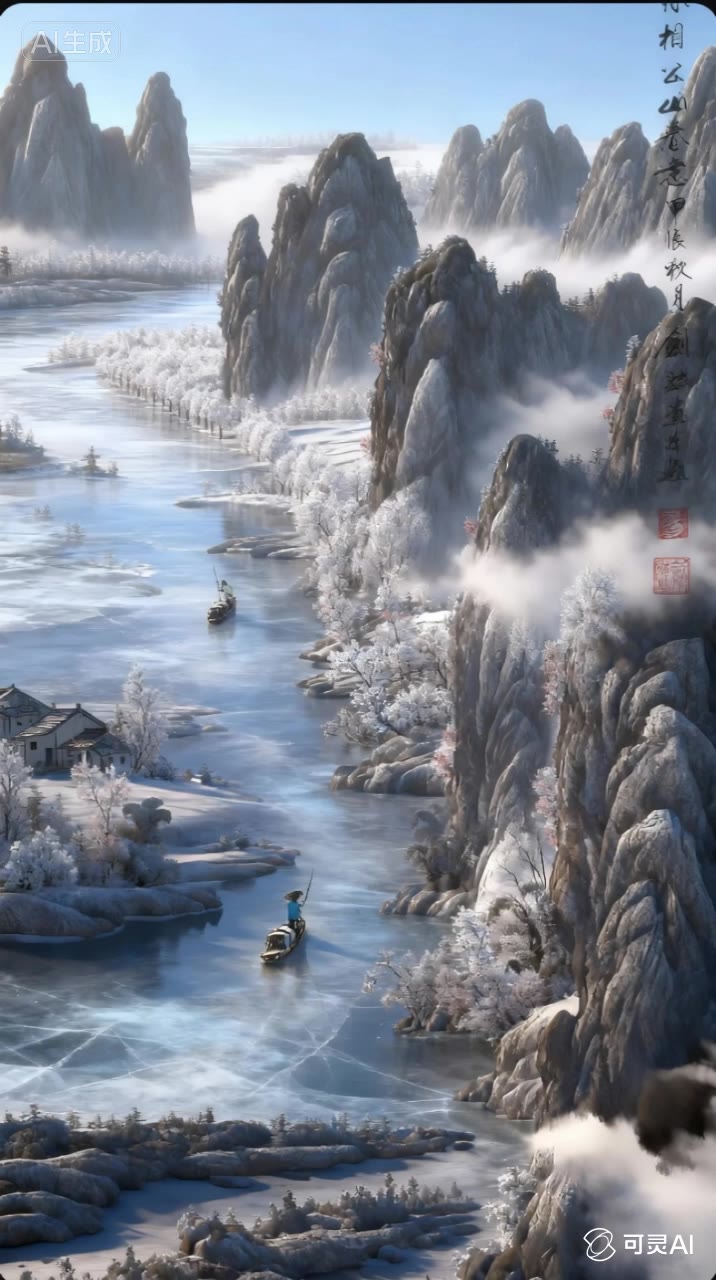 冰雪山水国风冬韵诗意泛舟 孤舟行人于冰面泛舟 | AI Video