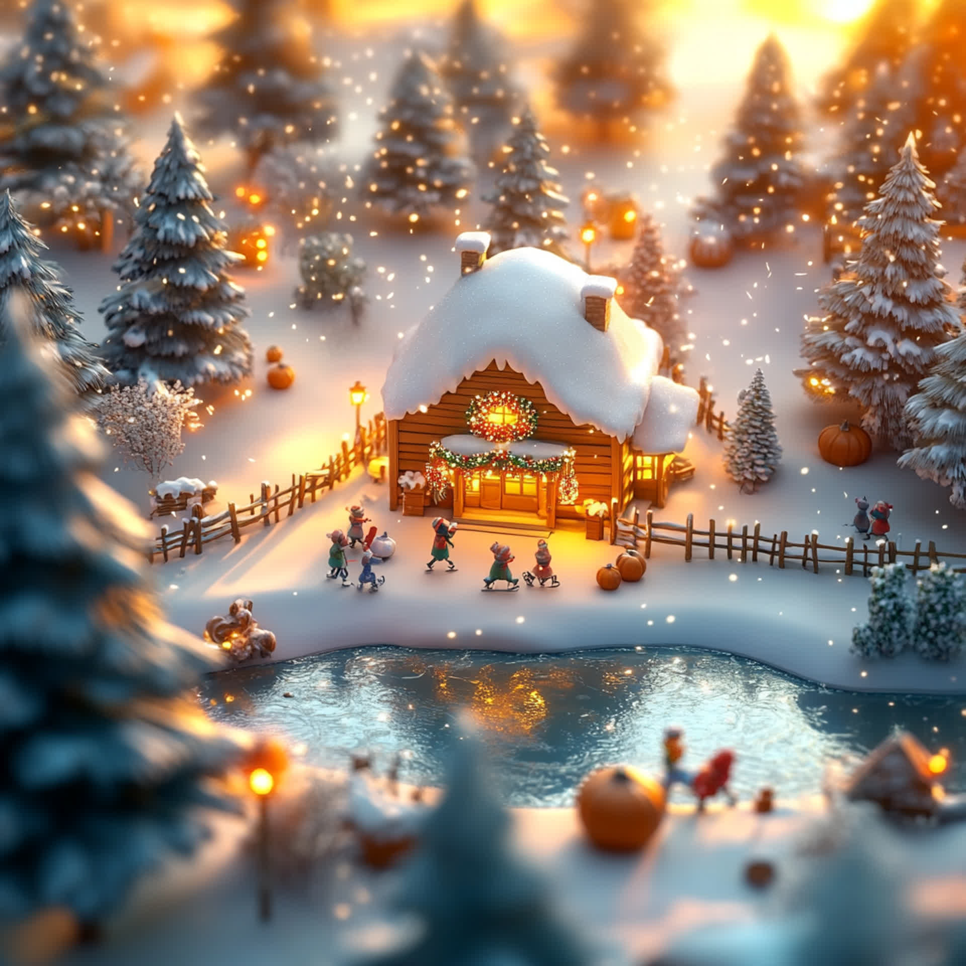 雪松包围的房子雪花飘落小鹿聊天壁炉燃 | AI Video